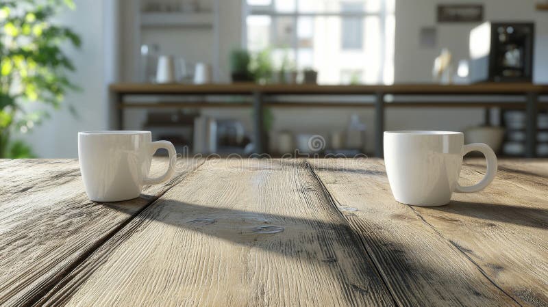 Two White Mugs on Rustic Wooden Table in Kitchen Stock Illustration ...