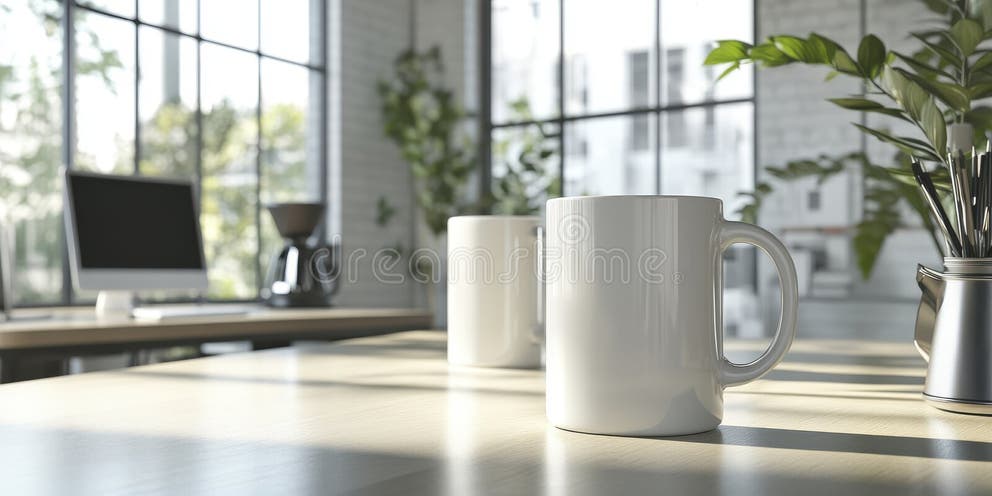 Two White Mugs on a Sunlit Wooden Desk in a Modern Office Stock ...