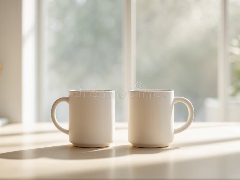 Two White Mugs on a Sunlit Wooden Desk in a Modern Office Stock Photo ...