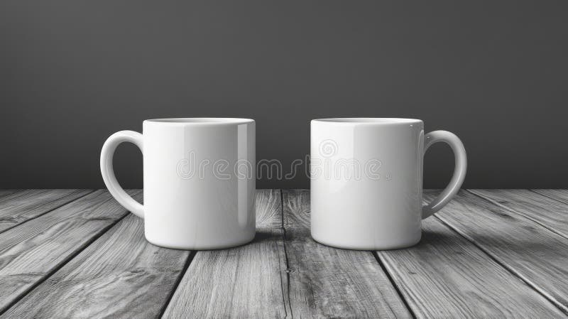Two White Mugs on Wooden Table Against Grey Background Stock ...