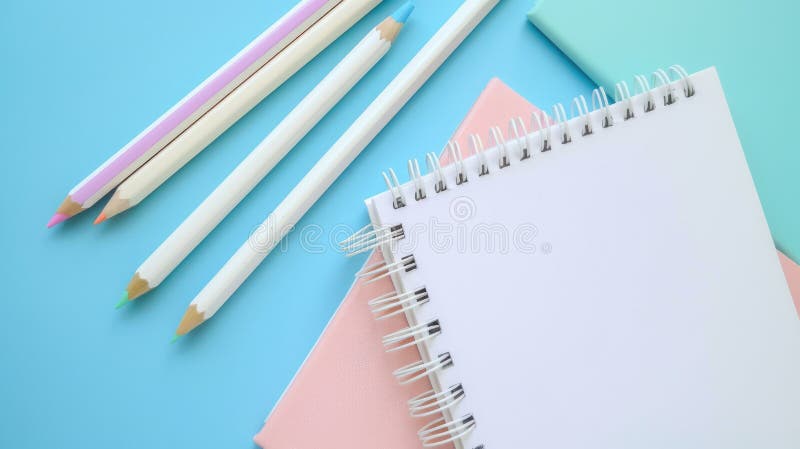 Two White Notebooks with Light Blue, Pink, and White Colored Pencils ...