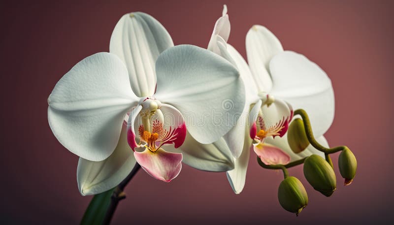 Two White Orchids with Red and Yellow Centers on a Pink Background with ... Two White Orchids with Red and Yellow Centers on a Pink Background with ...
