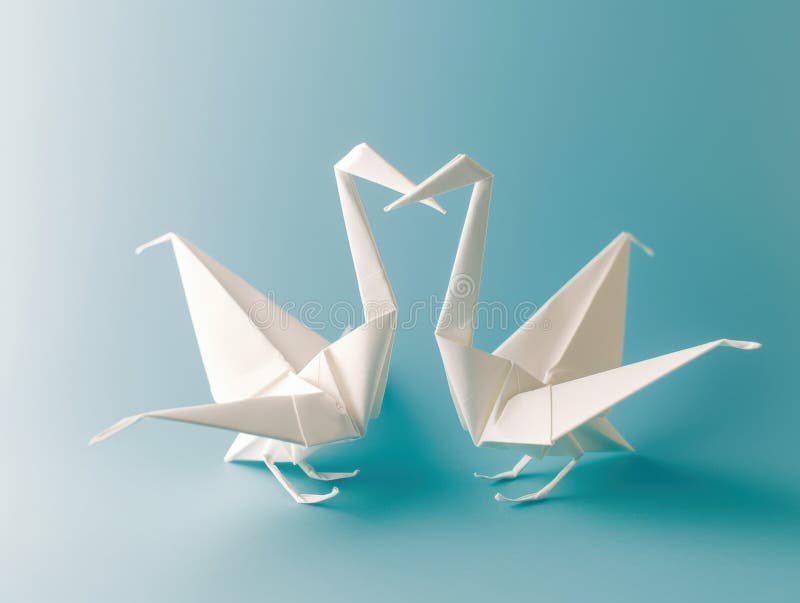 Two White Origami Cranes in Love Sitting on a Blue Background Stock ...