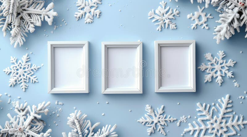 Two White Frames Surrounded by Snowflakes on a Blue Background Stock ...