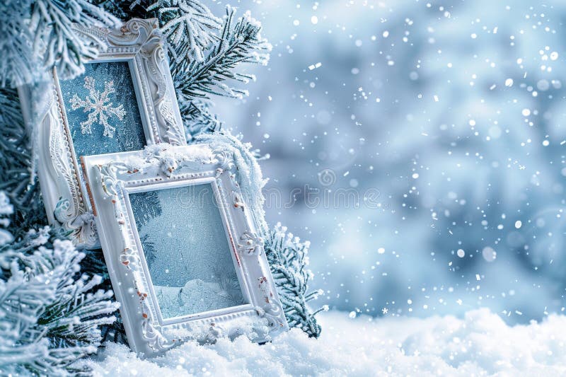 Two White Picture Frames with Snowflakes on Them are on a Tree Branch ...