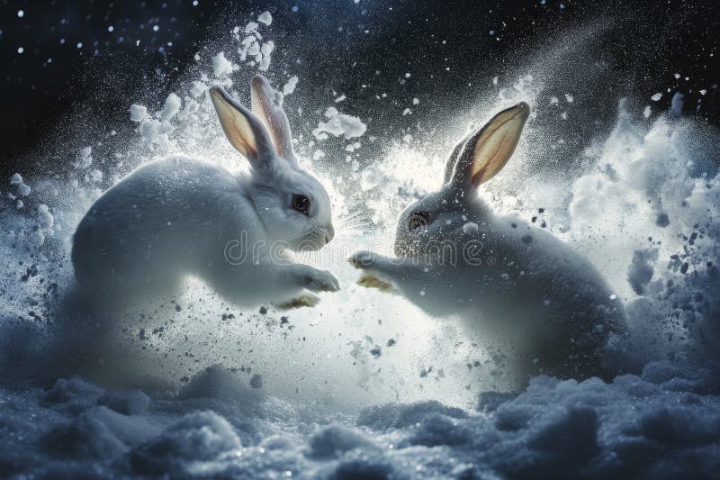 Two White Rabbits Fighting in the Snow. Generative AI. Stock ...