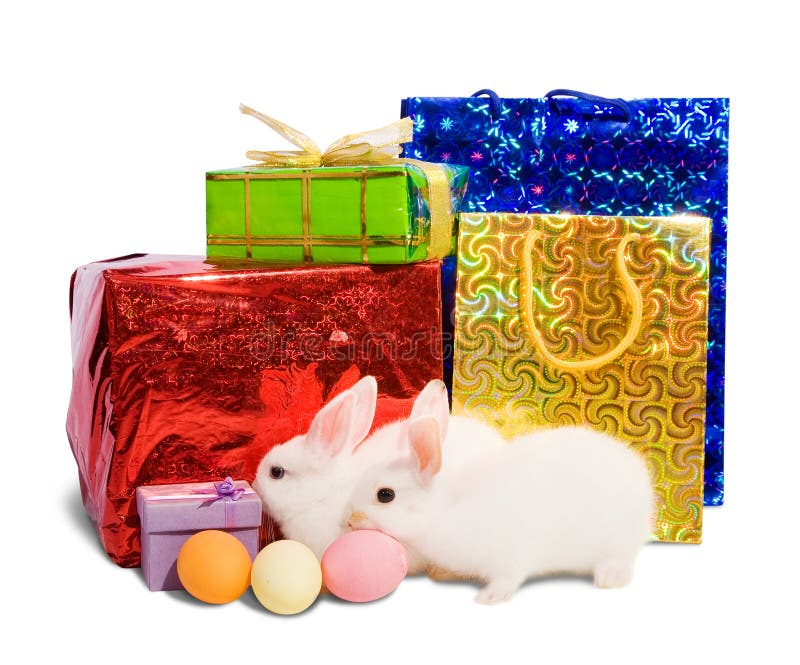 Two White Rabbits with Gifts Stock Photo - Image of decor, isolated ...