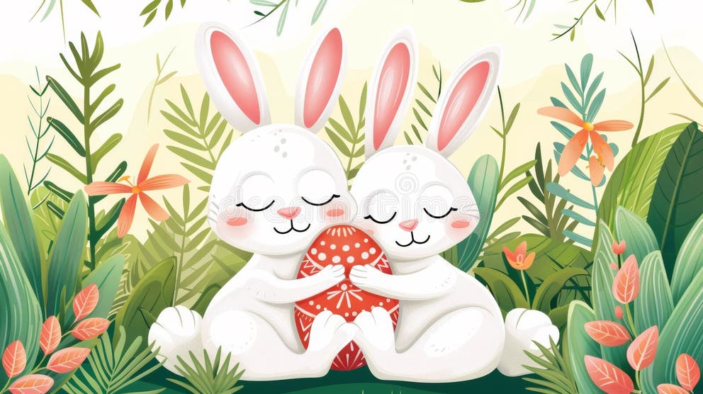 Two White Rabbits Hugging Each Other with an Easter Egg in the Middle ...
