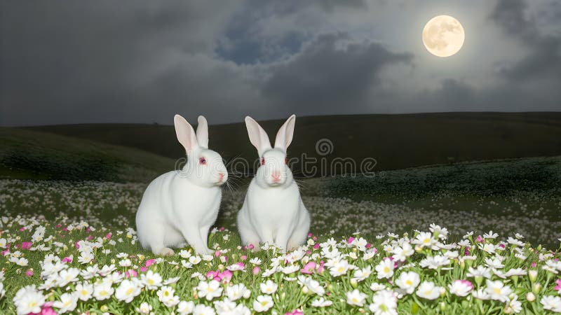 Two White Rabbits on the Meadow in Front of the Full Moon Stock Image ...