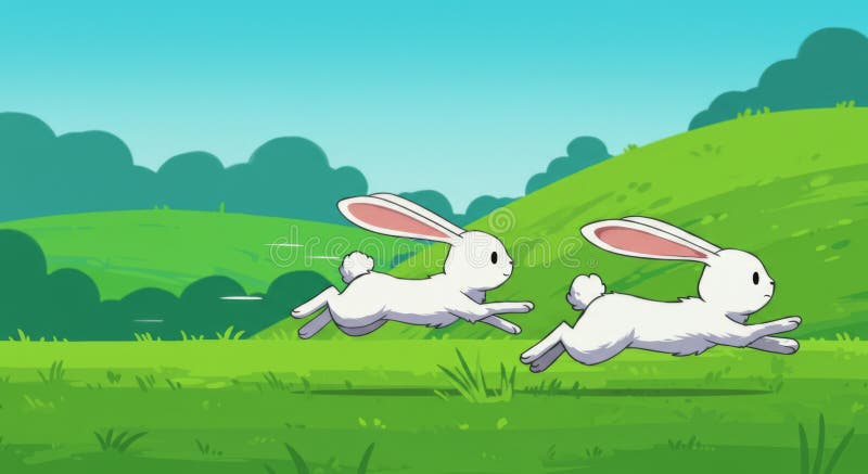Two White Rabbits Running Across Green Grassy Hills Stock Illustration ...
