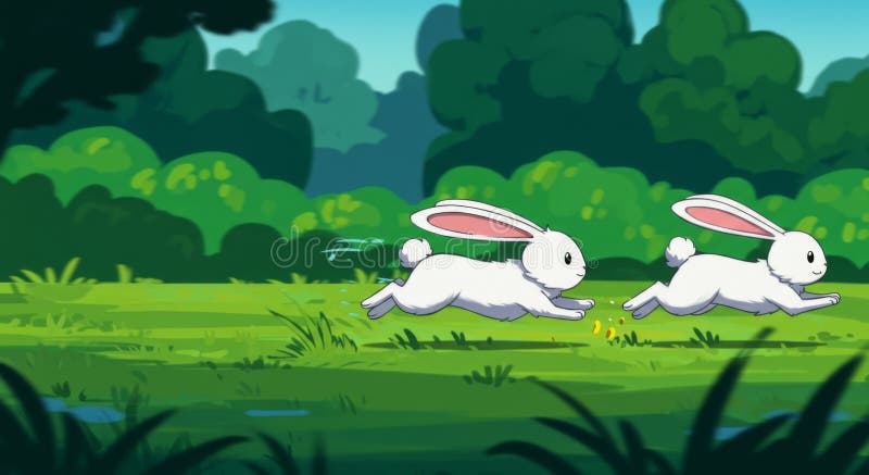 Two White Rabbits Running through a Lush Green Forest Stock ...