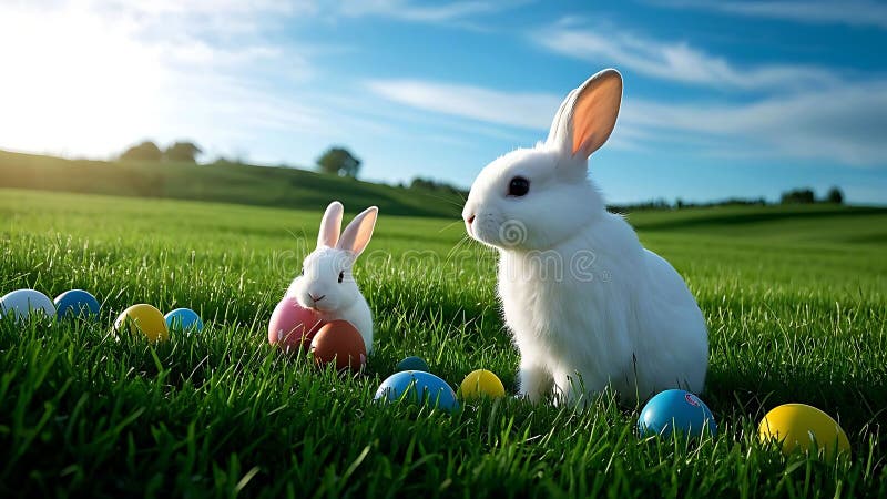Two White Rabbits with Easter Eggs in a Green Field Under a Bright Blue ...