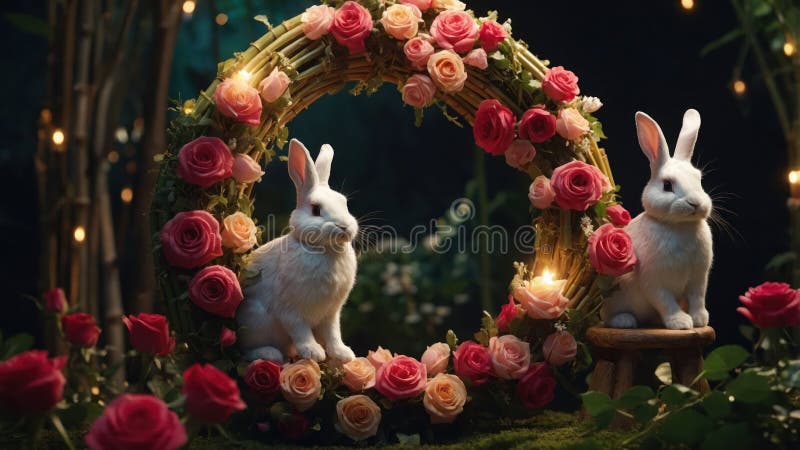 Enchanted White Rabbits Posing in a Romantic Rose Archway Stock ...