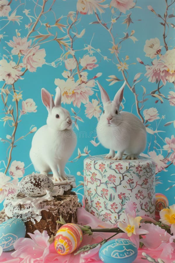 Two White Rabbits are Sitting on Top of a Cake Stock Image - Image of ...