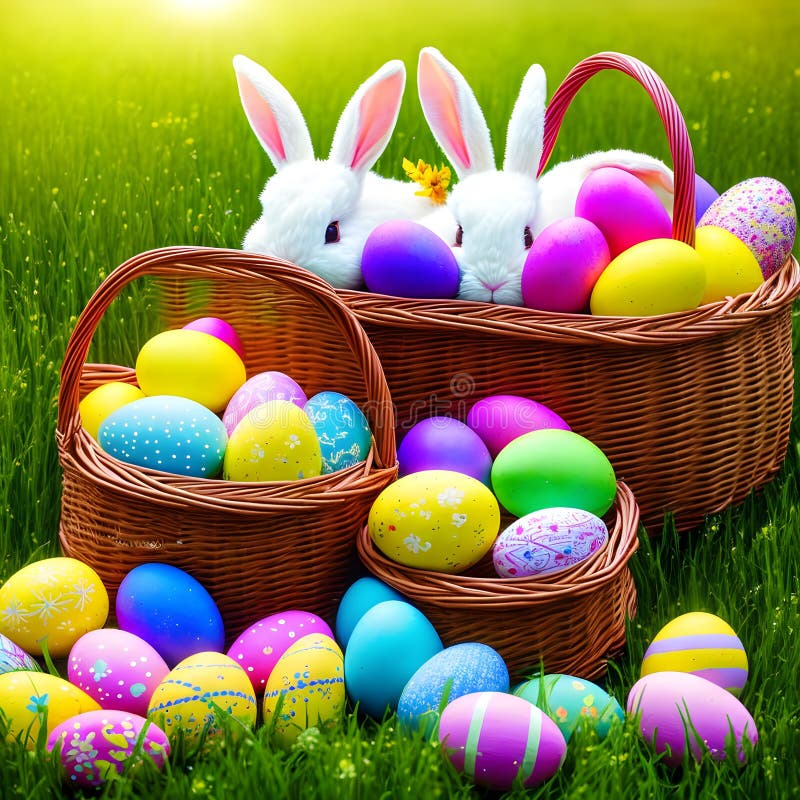 Two Rabbits in a Basket of Easter Eggs Stock Illustration ...