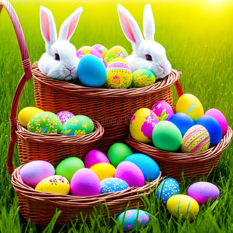 Two Rabbits in a Basket of Easter Eggs Stock Illustration ...