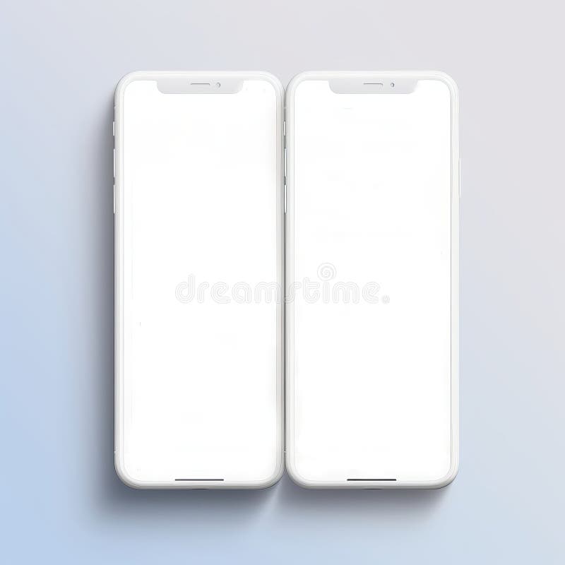 Two White Rectangle Smartphones with Empty Screens Resting on a Table ...