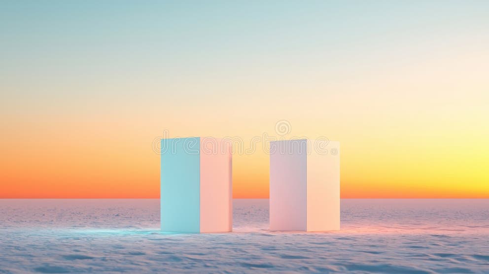 Two White Rectangular Pillars Stand in a Snowy Field, Illuminated by a ...
