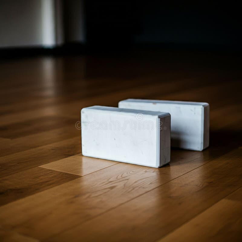 Two White Rectangular Yoga Blocks Rest on a Polished Wooden Floor ...