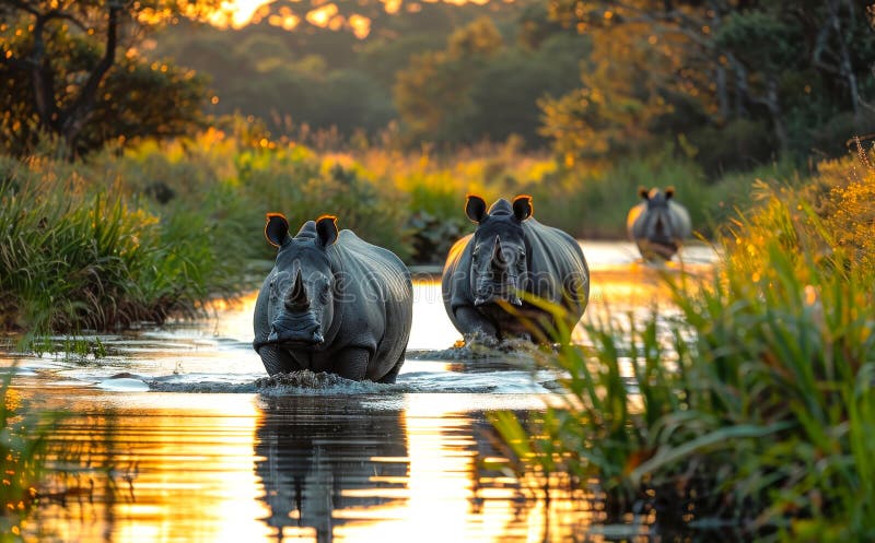 Two White Rhino Wade through River at Sunset. Stock Photo - Image of ...