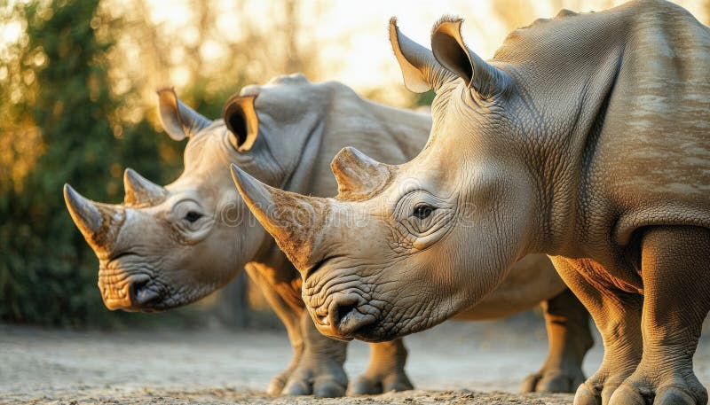 Two White Rhinos Standing Side by Side at Sunset Stock Image - Image of ...