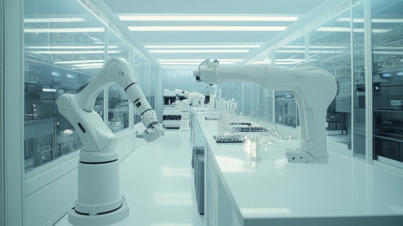 Two White Robotic Arms in a Modern Sterile Laboratory Setting Stock ...