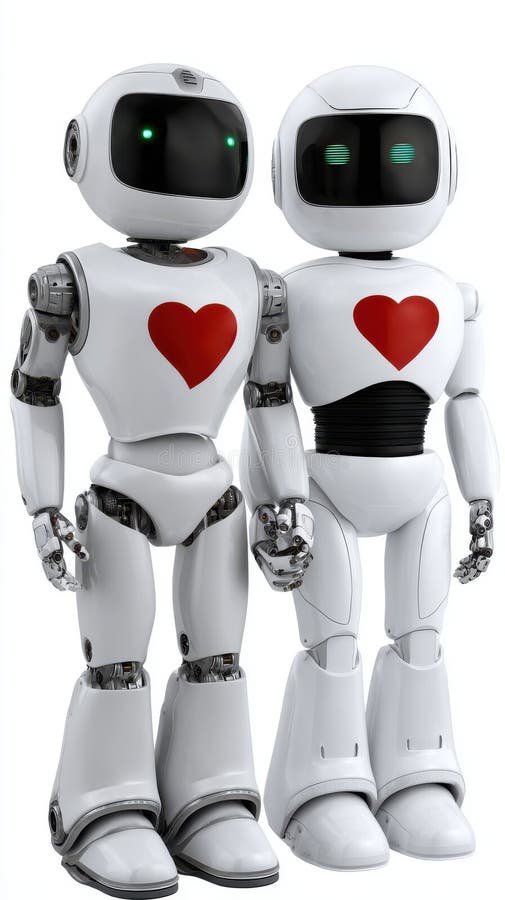 Two White Robots Holding Hands with Heart Symbol Displaying Affection ...