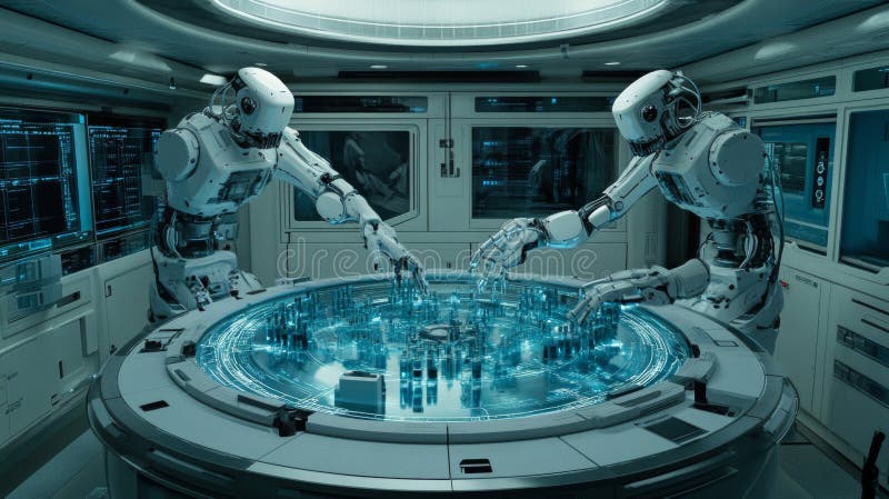 Two White Robots Interact at a Circular Blue Console Stock Illustration ...