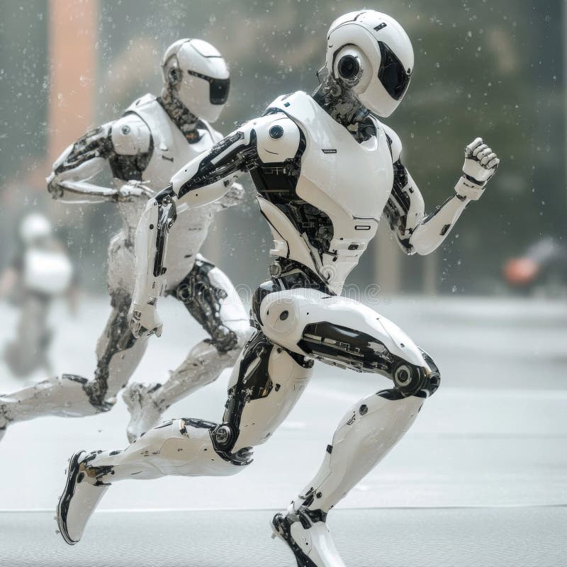 Two White Robots Running in the Rain Stock Illustration - Illustration ...