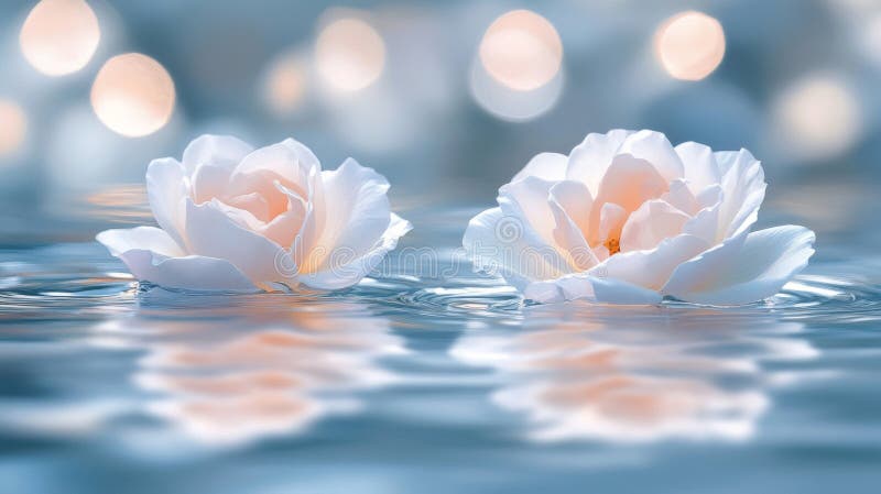 Two White Roses Floating on Calm Water with Soft Light Stock ...