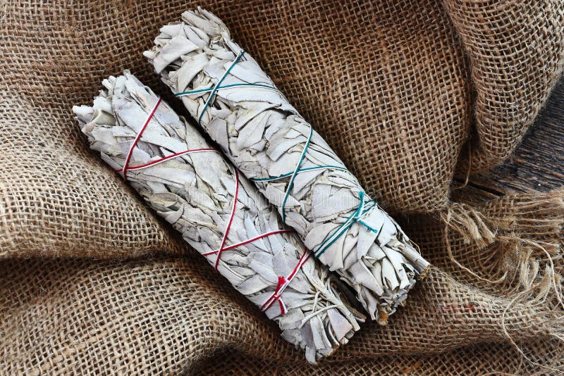 Two White Sage Smudge Sticks on Burlap Stock Image - Image of natural ...