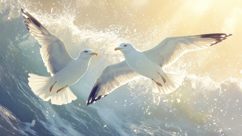 Two White Seagulls in Flight Over Ocean Waves Stock Illustration ...