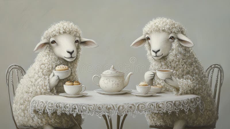 Two White Sheep Sitting at a Table with Cups and a Teapot Stock Photo ...