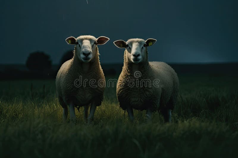 White Sheep Standing Side by Side in a Lush Green Meadow at Dusk, Ai ...