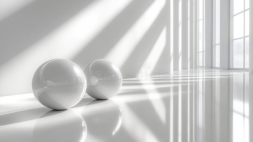 Two White Spheres Reflecting Light in Minimal White Room Stock ...