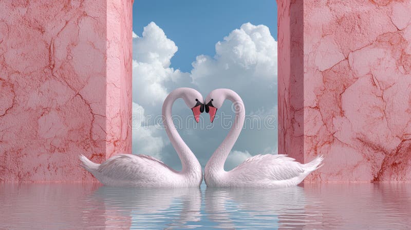Two White Swans Forming a Heart Shape in a Tranquil Pink Setting. Stock ...