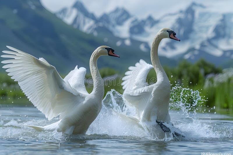Two White Swans Splashing in Mountain Lake Stock Illustration ...
