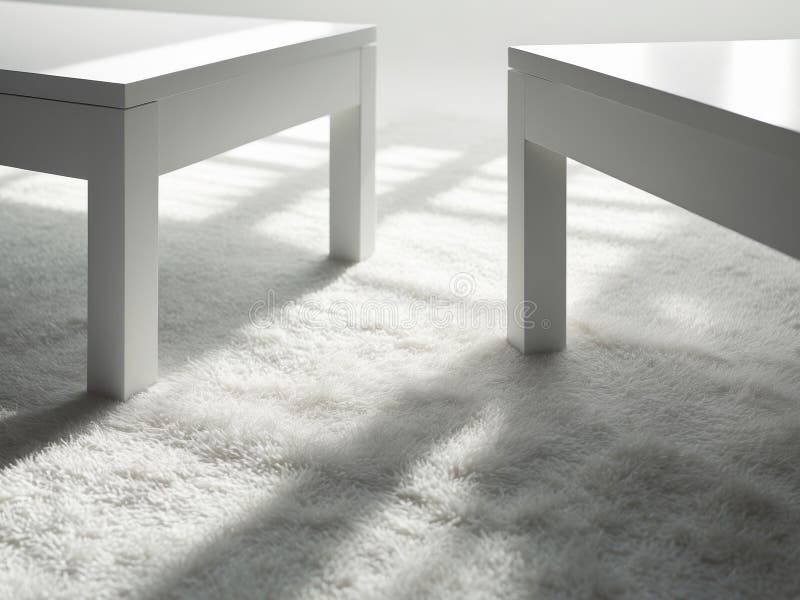 Two White Tables on a Fluffy White Carpet, Minimalist Interior Design ...