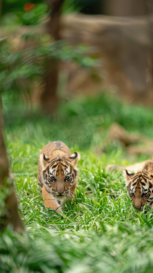 Two White Tiger Cubs Sit in a Grassy Area, Looking at the Camera Stock ...