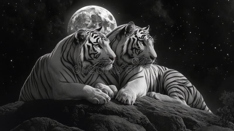 Two White Tigers Resting Under a Full Moon Stock Image - Image of ...
