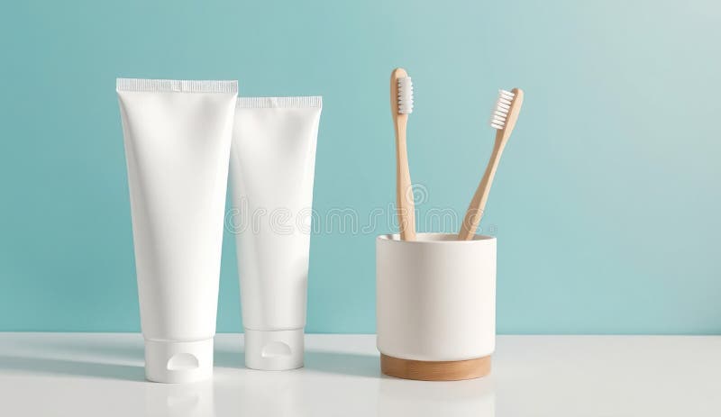Toothpaste Tubes and Bamboo Toothbrushes on Light Blue Background ...