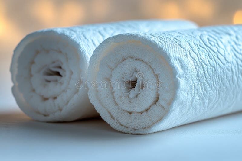 Two White Towels Rolled Up on a Table Surface Stock Image - Image of ...