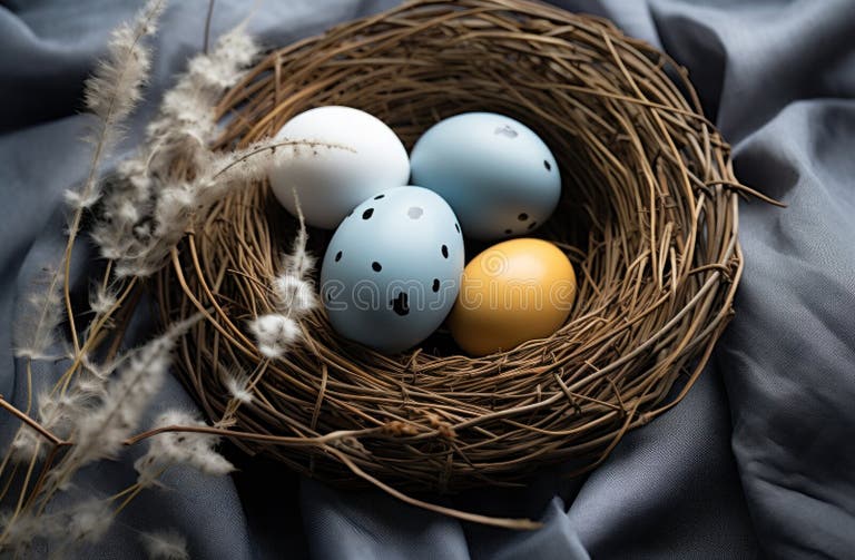 Two White and Two Blue Eggs Rest in a Basket beside Stock Image - Image ...