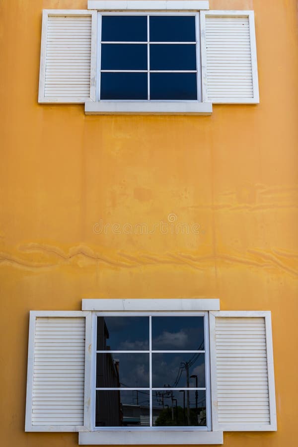 Two White Windows and Yellow Color Wall Stock Image - Image of nature ...