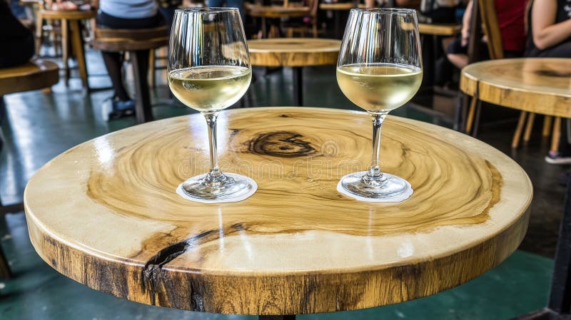 Two White Wine Glasses on Wooden Table, Cafe, People Stock Image ...