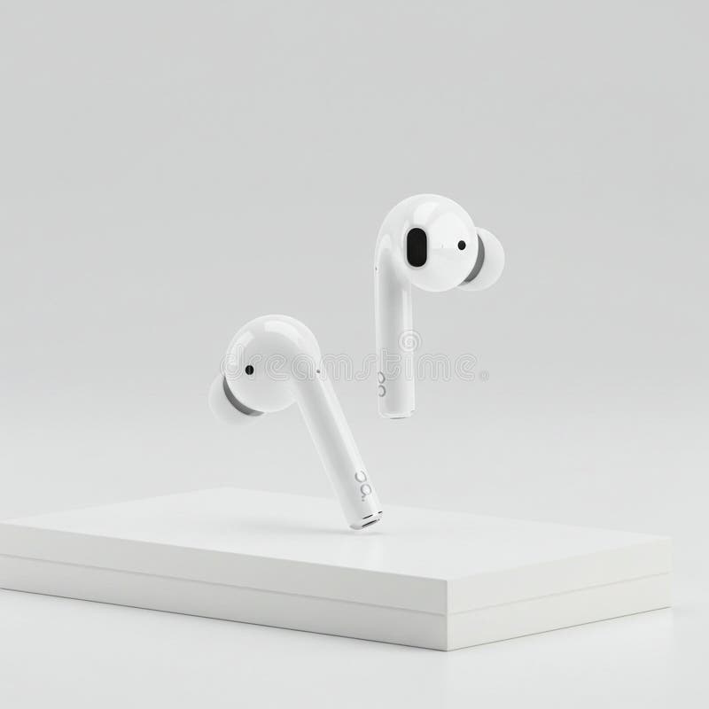 Two White Wireless Earbuds Displayed on a White, Rectangular Platform ...