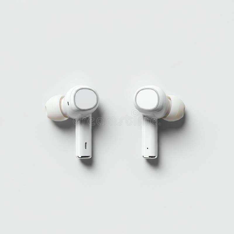 Two White Wireless Earbuds with in-ear Silicone Tips are Placed Side by ...
