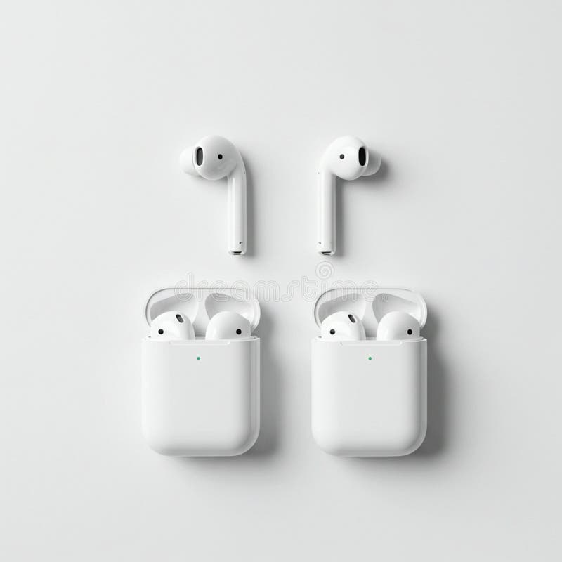 Two White Wireless Earbuds with Elongated Tips are Displayed Above ...