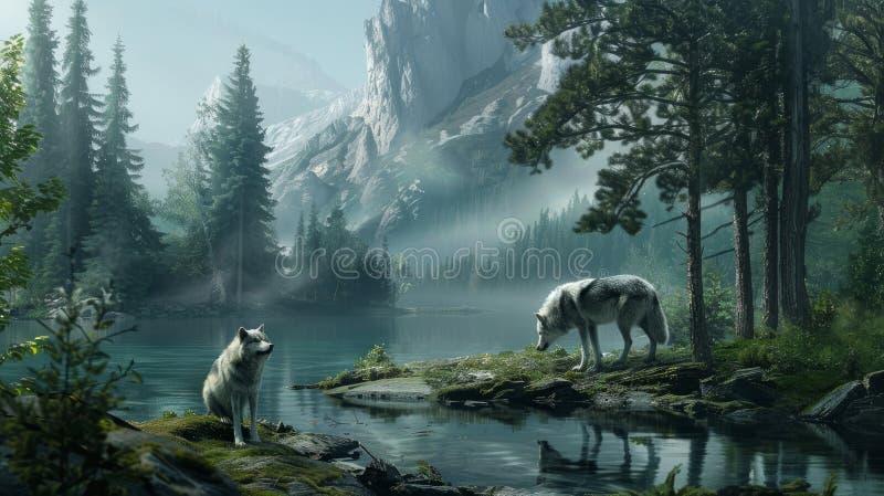 Two White Wolf Stand Near the River with Trees and Snow Mountain ...