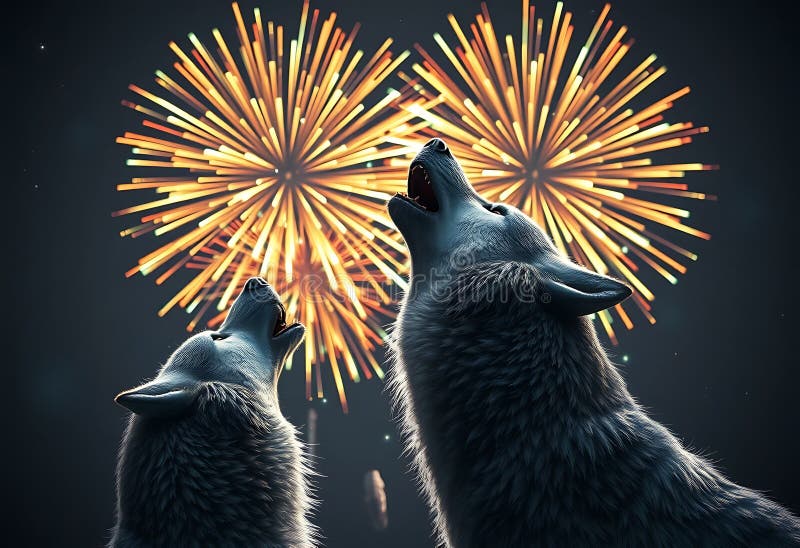 Two White Wolves Howling Fireworks Night Sky Celebration Stock ...